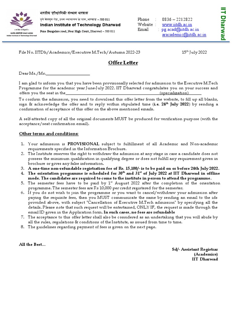 IIT Dharwad Executive M.Tech Offer Letter | PDF | Career & Growth