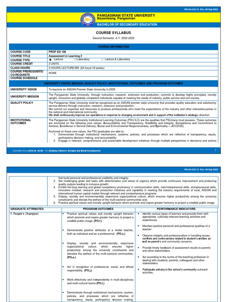 SYLLABUS - Prof Ed 108 - Assessment in Learning 2 Syllabus | PDF
