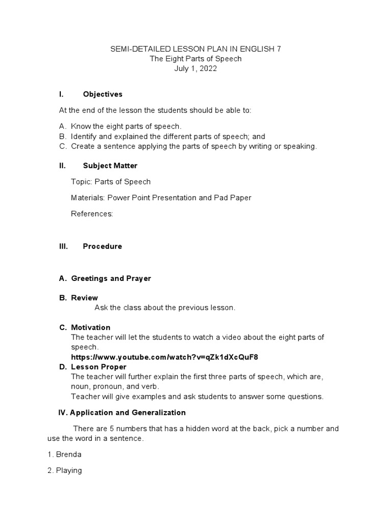 Semi Detailed Lesson Plan in English - Parts of Speech | PDF