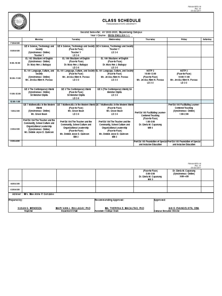 2nd Sem 2022 2023 English and Filipino Class Schedules As of Feb 14 ...