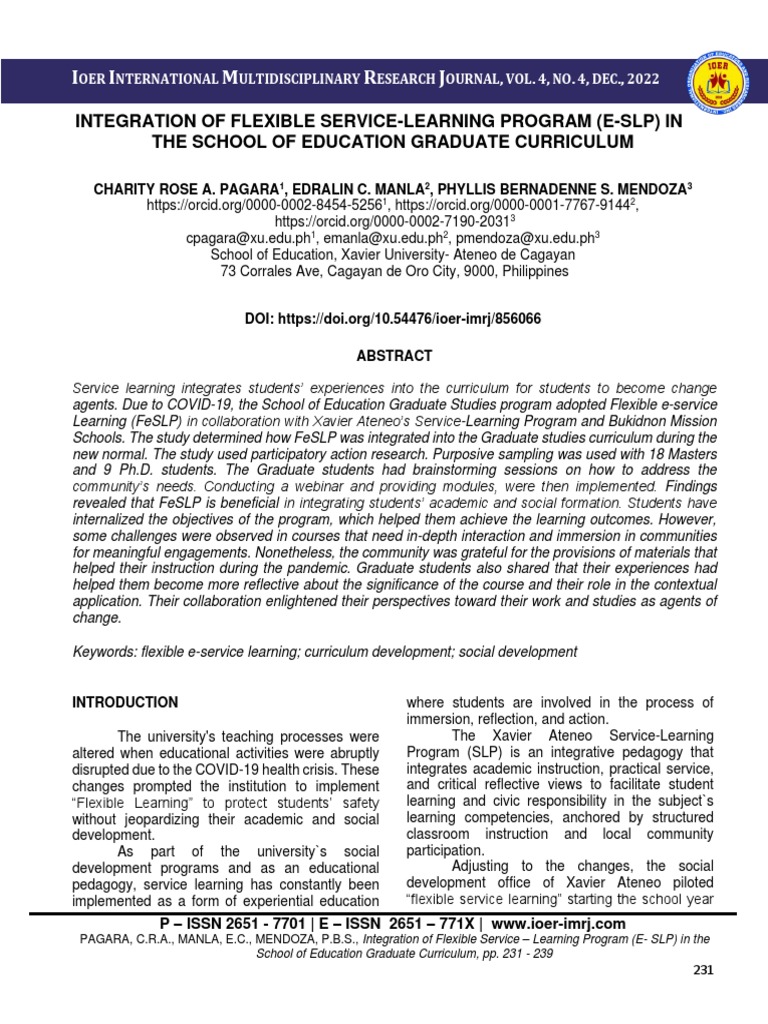 Integration of Flexible Service - Learning Program (E - SLP) in The ...