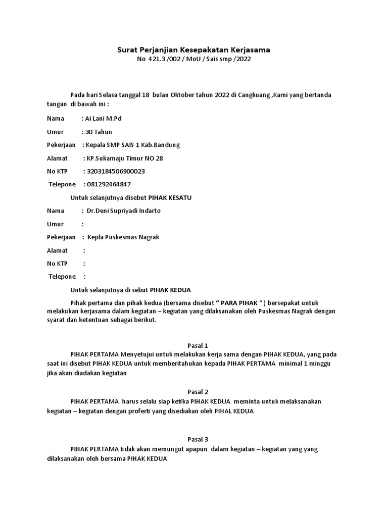 Surat Perjanjian Kesepakatan Kerjasama Pdf
