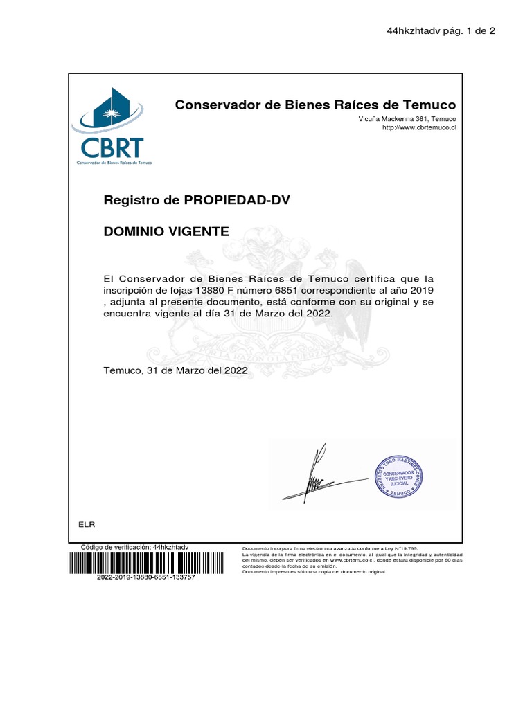 Dominio Vigente - Sendero Del Valle FJ13880 N°6851 AÑO 2019 | PDF