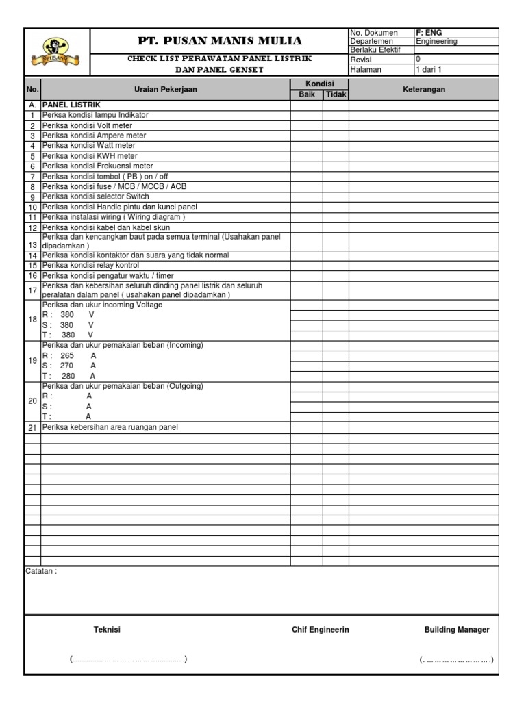 Pt. Pusan Manis Mulia: F: Eng Check List Perawatan Panel Listrik Dan ...