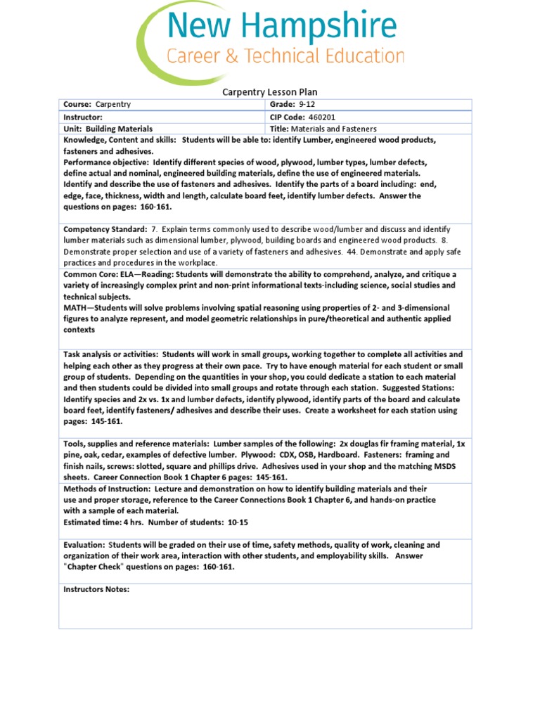 NHPB1 CH 6 Lesson Plan | PDF | Lumber | Plywood