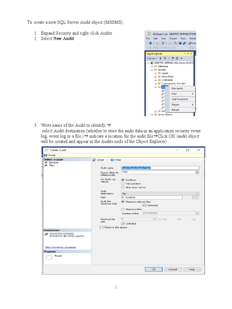 Audit DB Using A New SQL Server Audit Object | PDF | Databases | Microsoft Sql Server