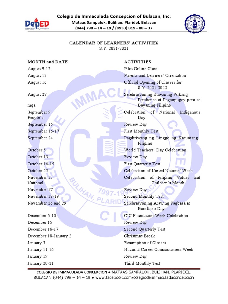 Calendar of Activties | PDF