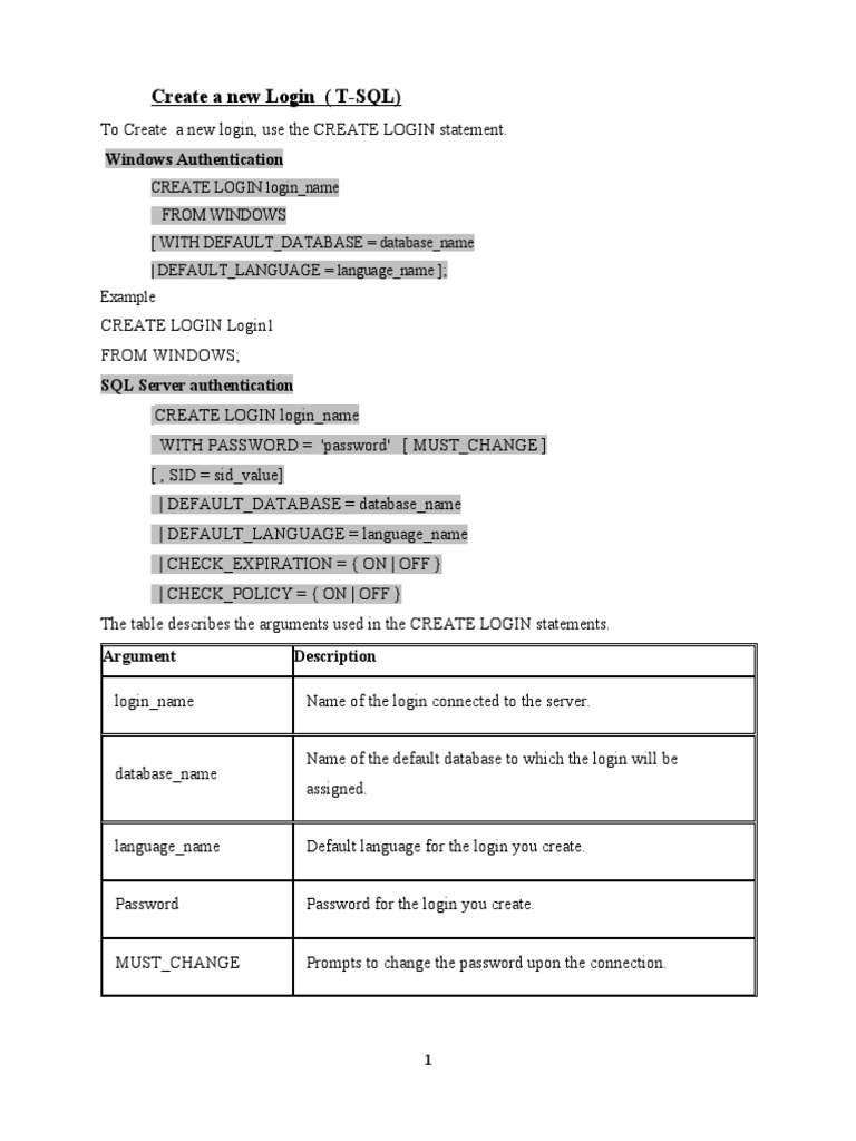 Creating New Logins and Users (T-SQL) | PDF Creating New Logins and Users (T-SQL) | PDF