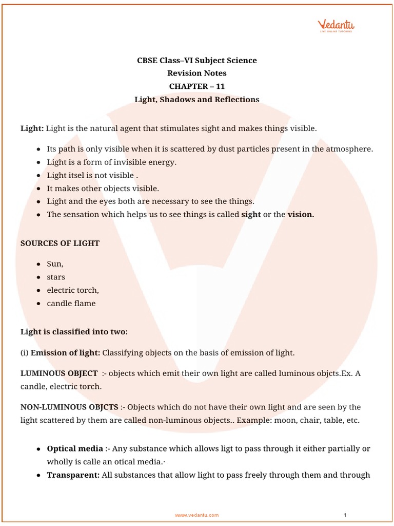Class 6 Science Chapter 11 Revision Notes | PDF | Shadow | Eclipse