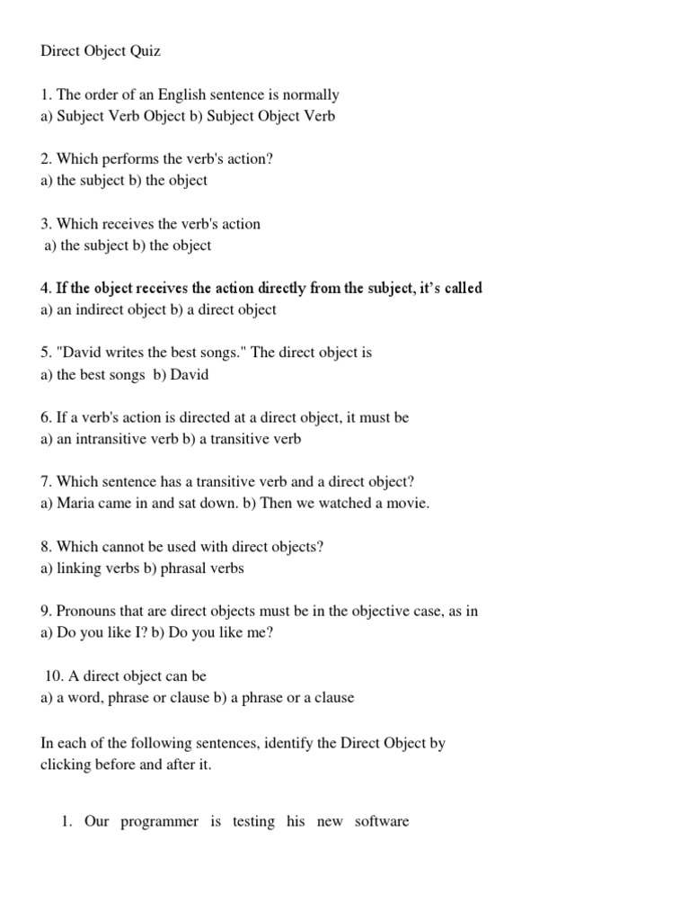 Direct Object Quiz | PDF