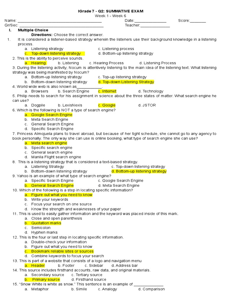 Grade 7 Summative Exam Answer Key | PDF | Top Down And Bottom Up Design ...