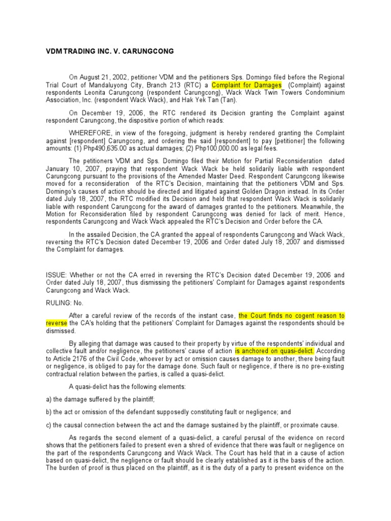 VDM TRADING INC V CARUNGCONG Digest | PDF | Negligence | Complaint