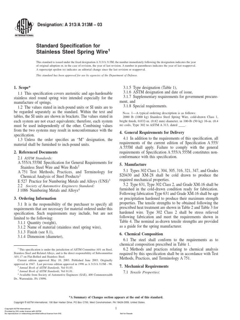 Astm A313 2003 | PDF | Strength Of Materials | Steel