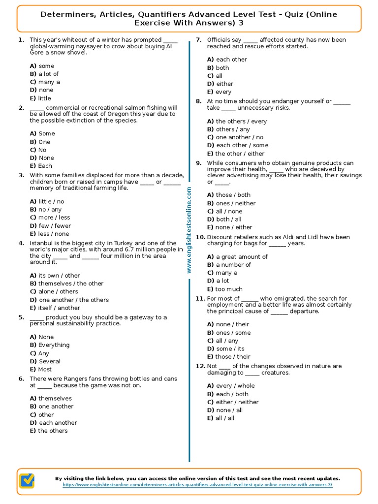 359 - Determiners Articles Quantifiers Advanced Level Test Quiz Online ...
