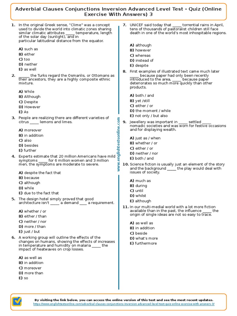 355 - Adverbial Clauses Conjunctions Inversion Advanced Level Test Quiz ...