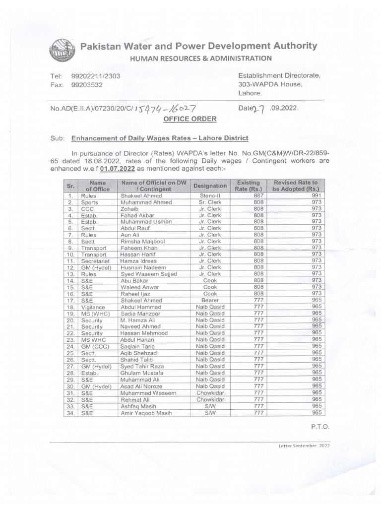 Daily Wages Rates Wapda | PDF