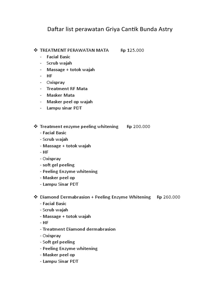 Daftar List Perawatan Griya Cantik Bunda Astry | PDF
