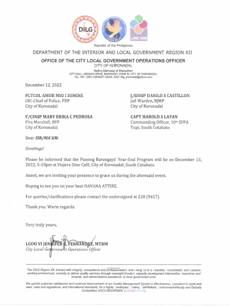 Invitation For The Punong Barangays' Year-End Program | PDF