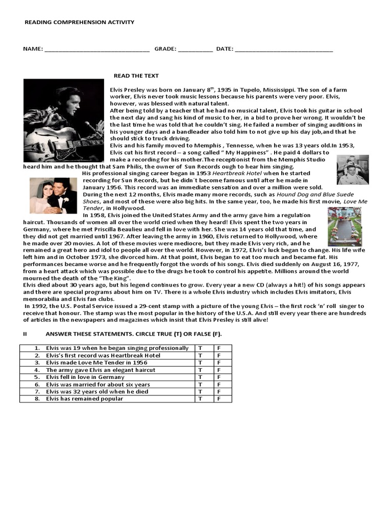 ELVIS PRESLEY - Reading and Exercises | PDF | Elvis Presley