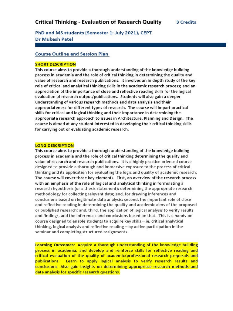 Critical Thinking - Research Quality Review July 2021 | PDF | Critical ...