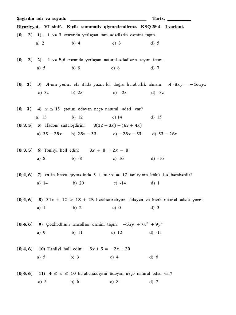 6ci sinif KSQ 4. 1ci variant | PDF
