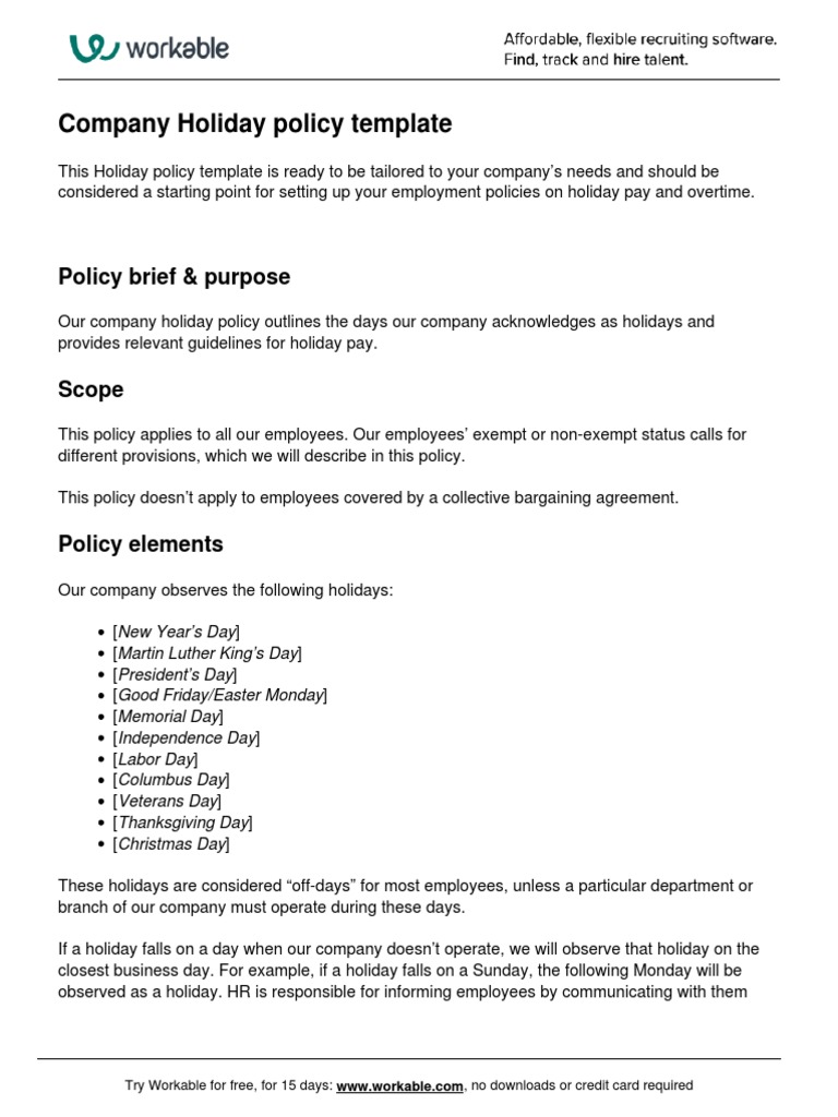 Company Holiday Policy Overview | PDF | Overtime | Employment