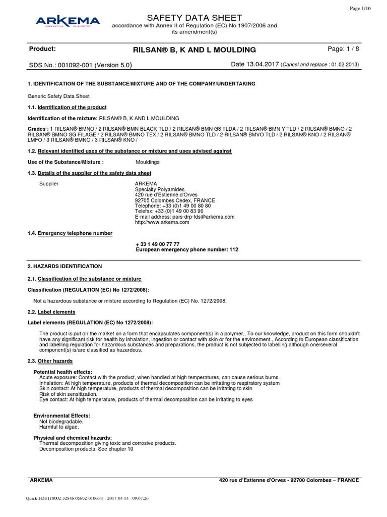 MSDS Rilsan B, K and L Moulding (13.04.2017) | PDF | Toxicity ...