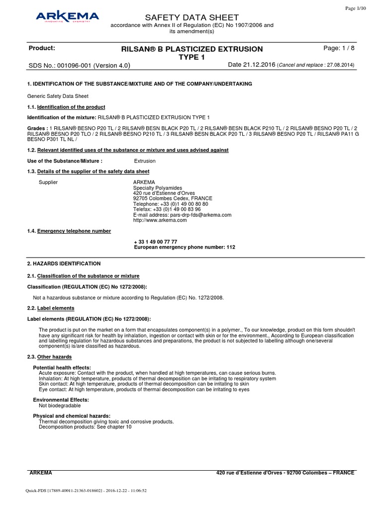 MSDS Rilsan BESN | PDF | Toxicity | Water
