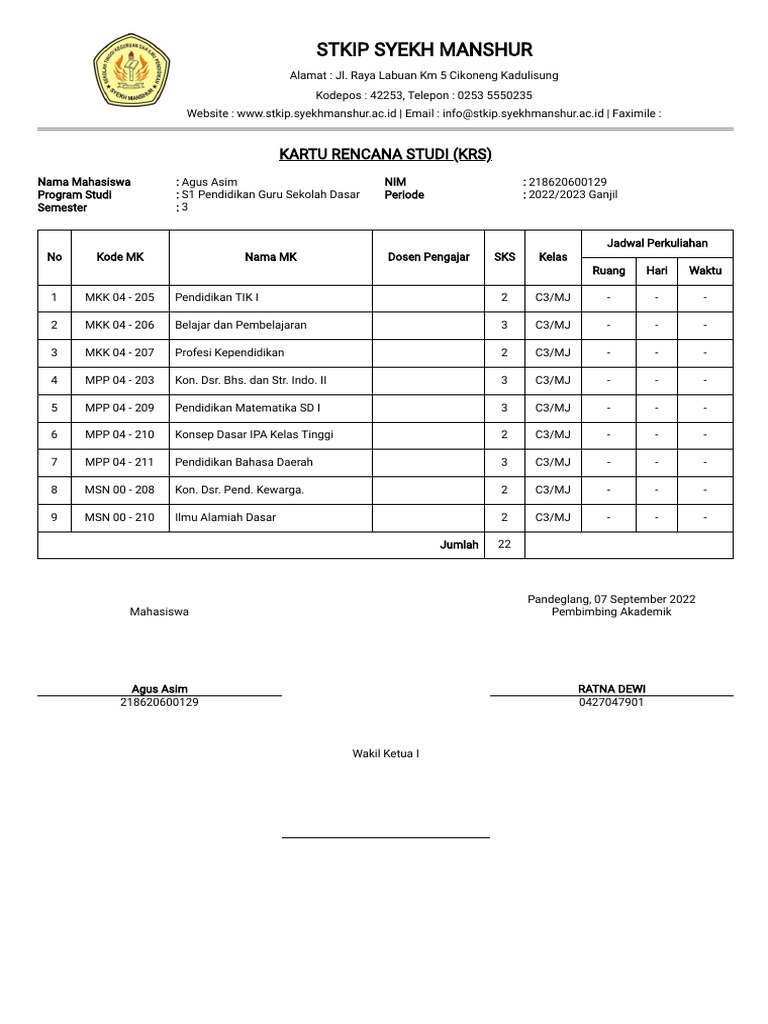 KRS Semester 3 Agus Asim 2022/2023 | PDF