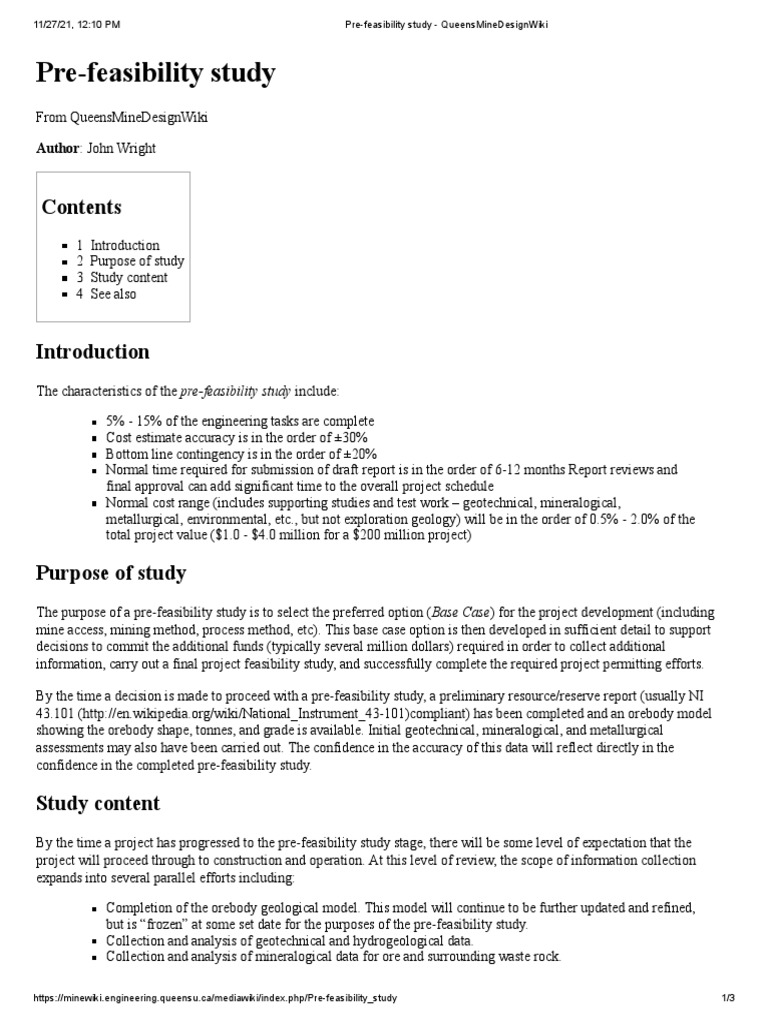 Pre-Feasibility Study - QueensMineDesignWiki | PDF | Feasibility Study ...