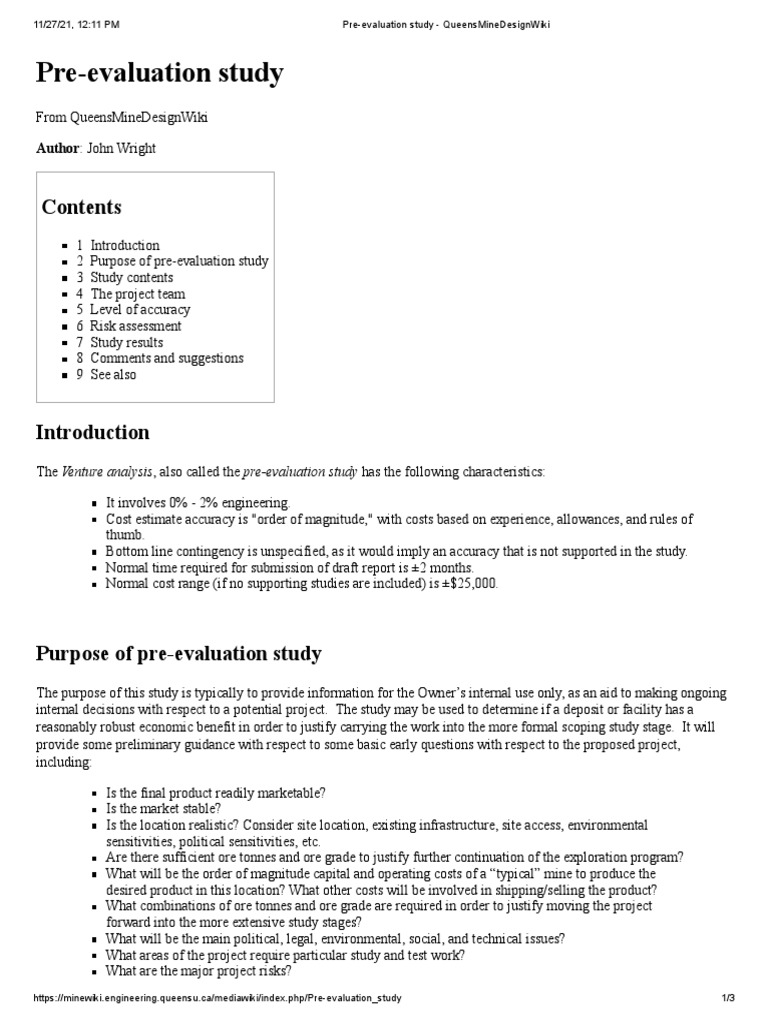 Pre-Evaluation Study - QueensMineDesignWiki | PDF | Risk | Risk Assessment