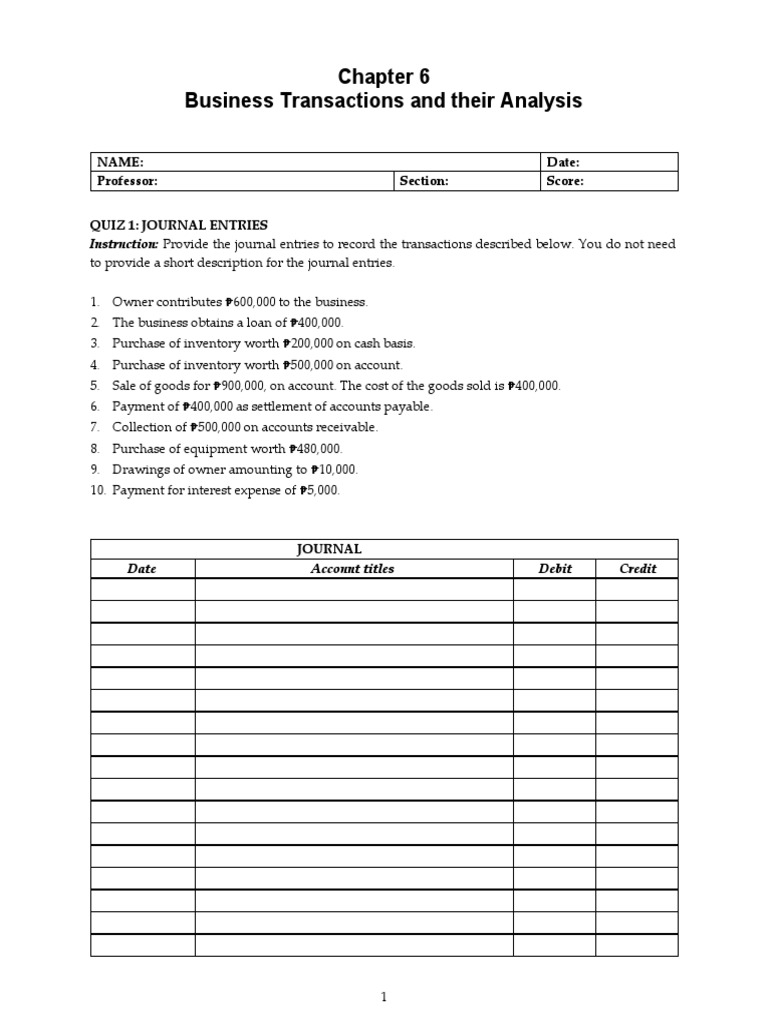 Quizzes - Chapter 6 - Business Transactions - Their Analysis | PDF ...