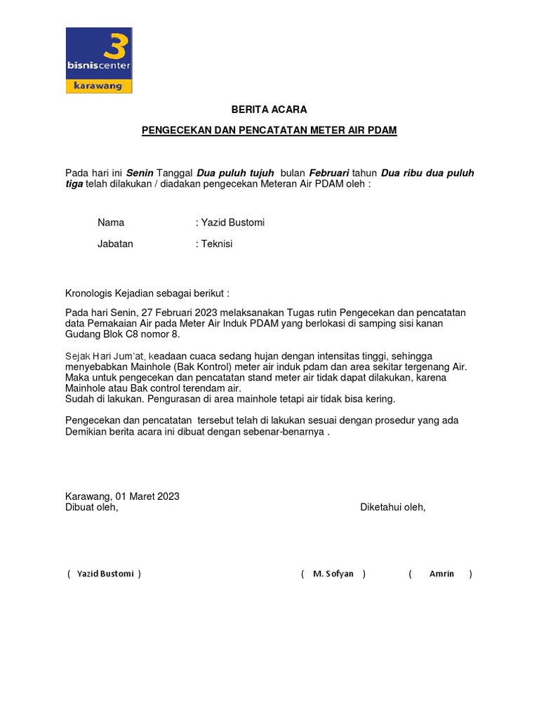 BERITA ACARA meter pdam induk | PDF
