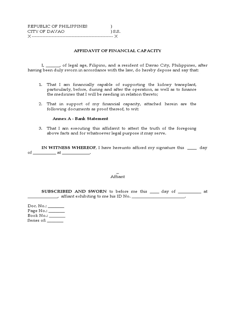 Affidavit Financial Capacity Kidney Transplant Philippines | PDF