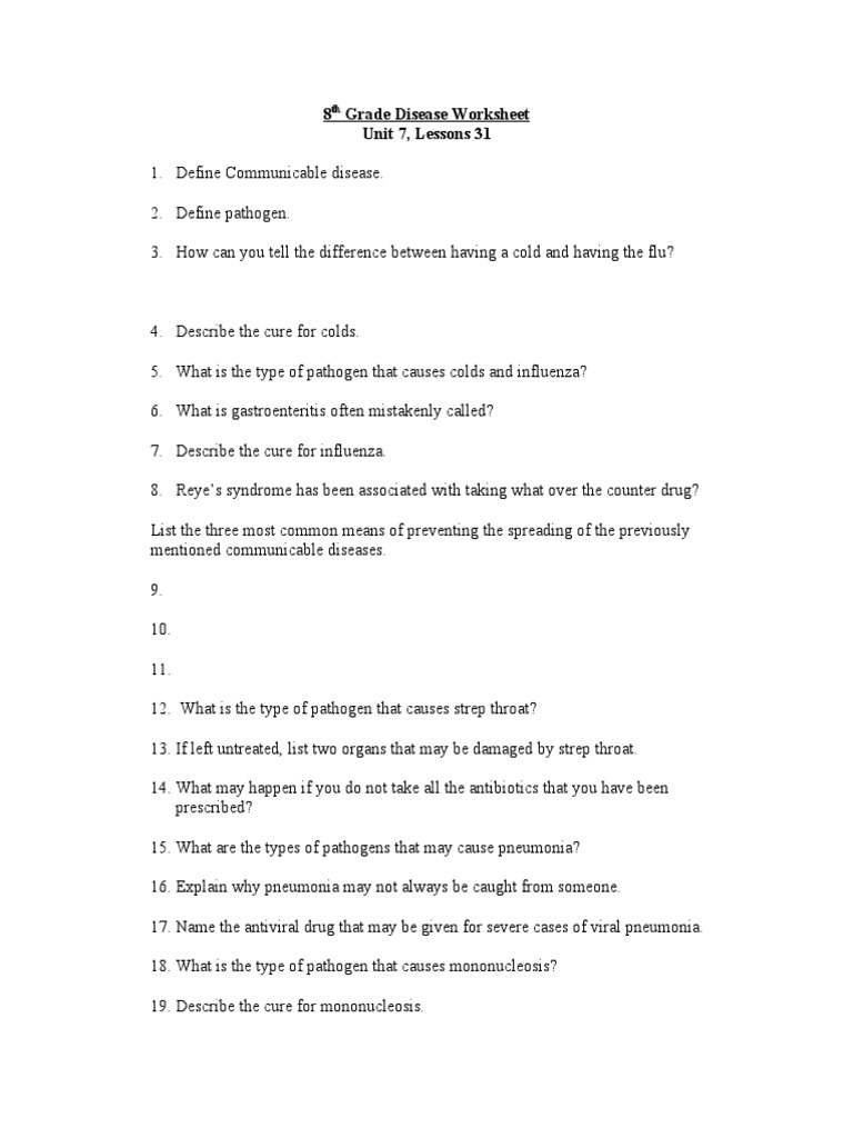 8th Grade Communicable Disease Worksheet | PDF