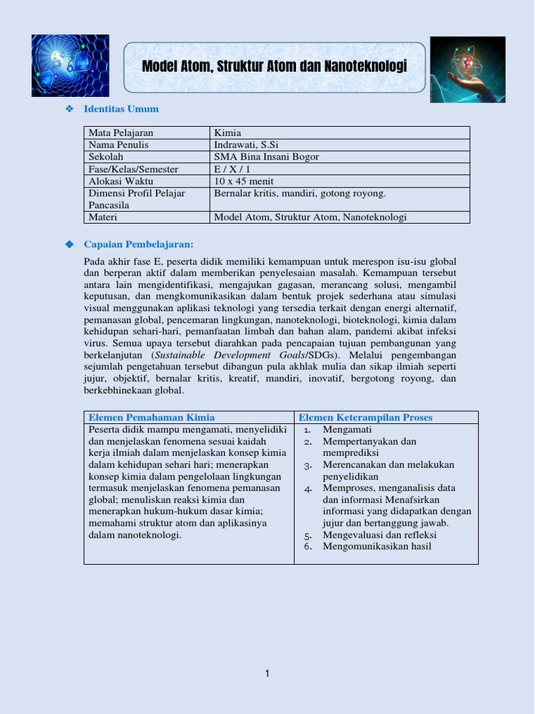 Modul Ajar Kimia - Model Atom, Struktur Atom Dan Nanoteknologi - Fase E | PDF | Seni | Sains ...