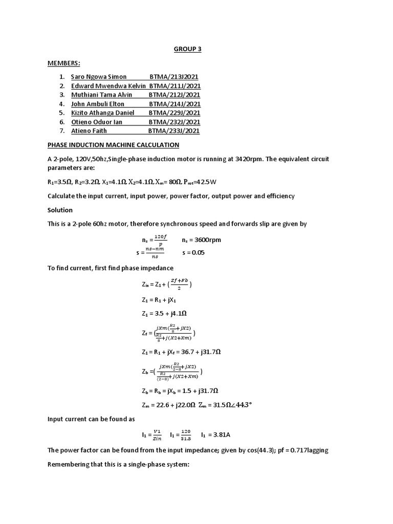 Phase Induction Machine Calculation: 1 2 1 2 M Rot | PDF ...