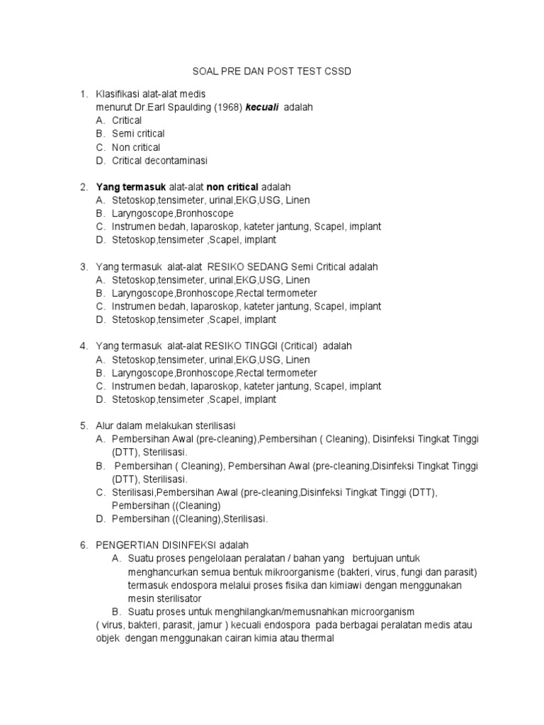 Soal Pre Dan Post Test CSSD TK | PDF