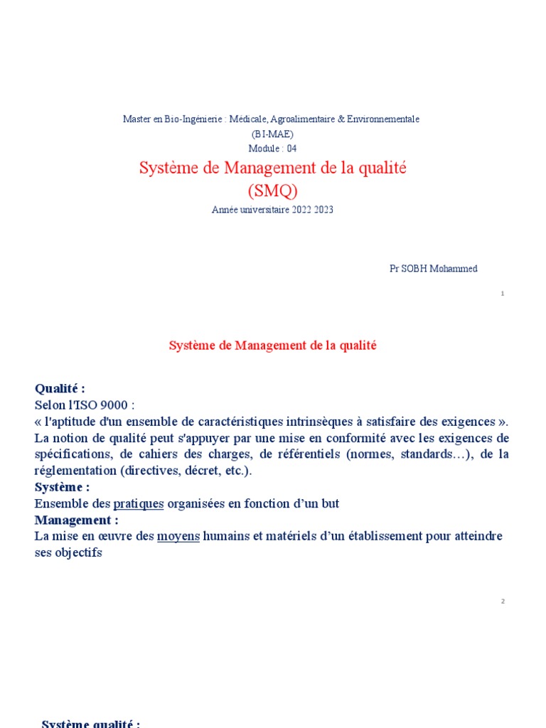 Cours SMQ | PDF | Management de la qualité | Système de management de ...