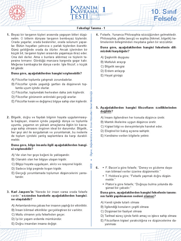 Sınıf Felsefe Felsefe | PDF