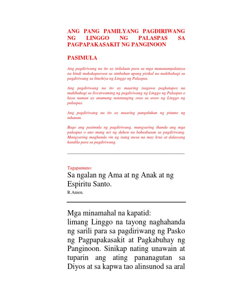 Ang Pang Pamilyang Pagdiriwang NG Linggo NG Palaspas SA Pagpapakasakit NG Panginoon Pasimula | PDF