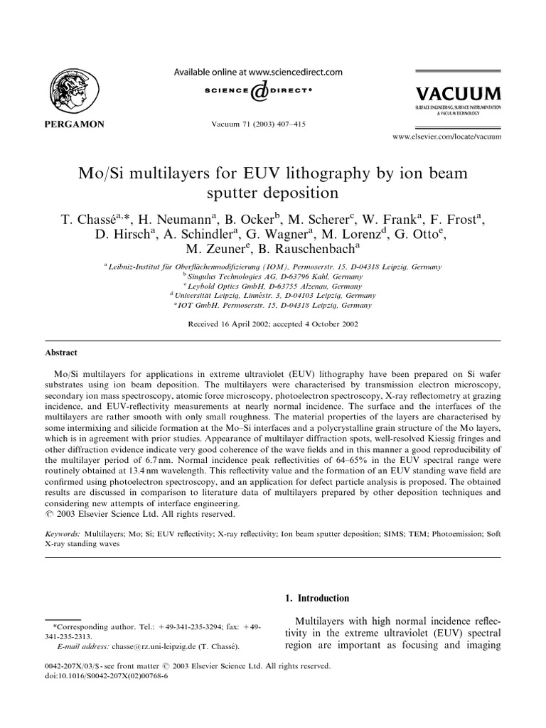 Mo Si Multilayers For EUV Lithography by Ion Beam | PDF | Sputtering ...