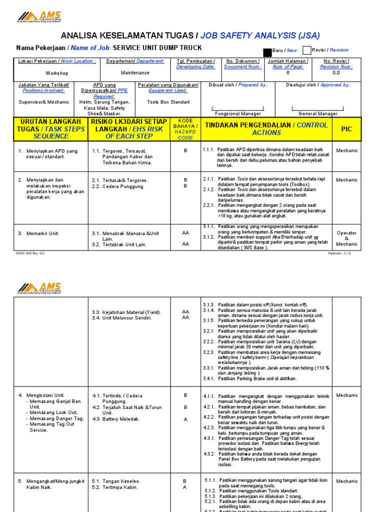 MTC-B02-01 JSA Service Unit Dump Truck Mercy-Rev.0.0 | PDF