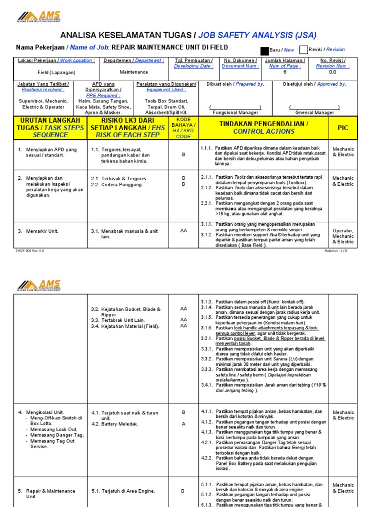 MTC-H01-02 JSA Repair Maintenance Unit Di Field-Rev.0.0 | PDF | Teknologi & Rekayasa