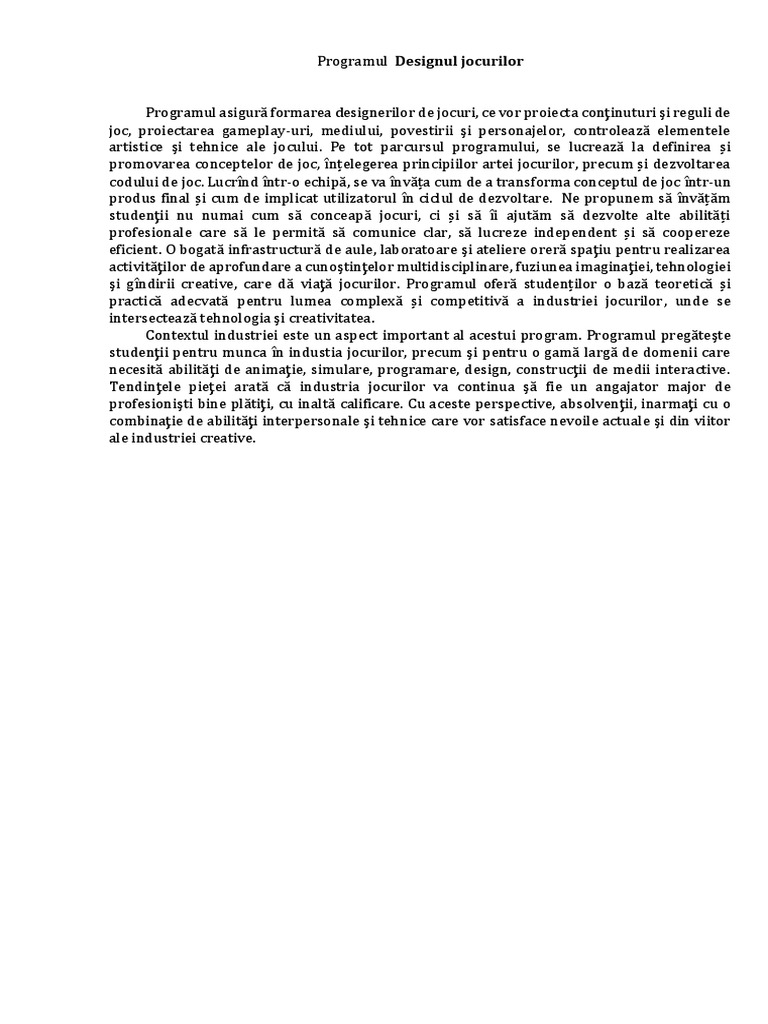 Programul Designul Jocurilor | PDF
