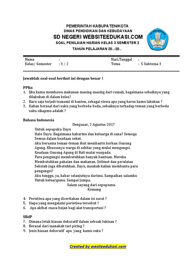 Soal PH Kelas 3 Tema 5 Sub 3 | PDF