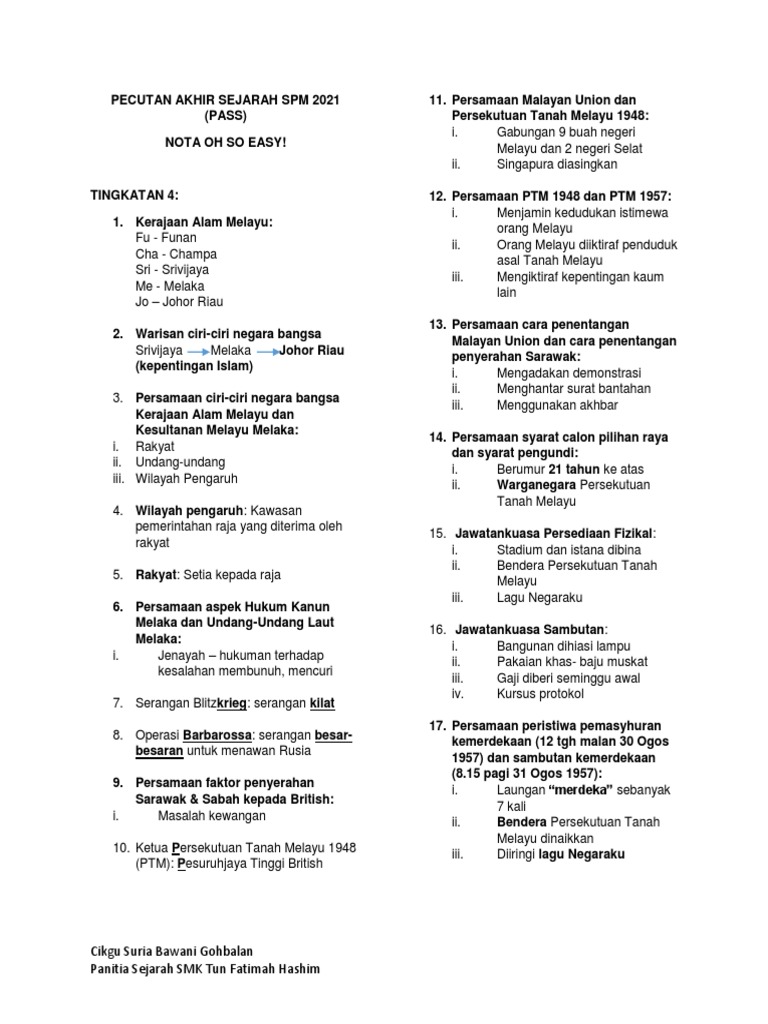 Nota Oh So Easy Sejarah! Pecutan Akhir Sejarah SPM 2021 | PDF