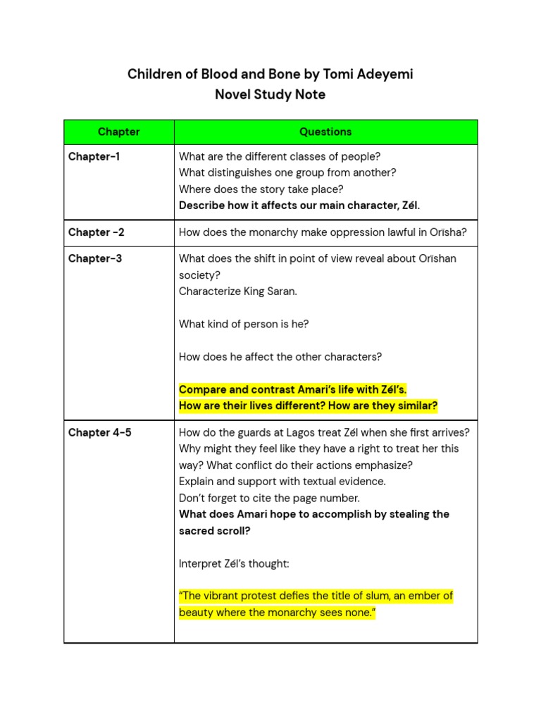 Children of Blood and Bone by Tomi Adeyemi Novel Study Note | PDF