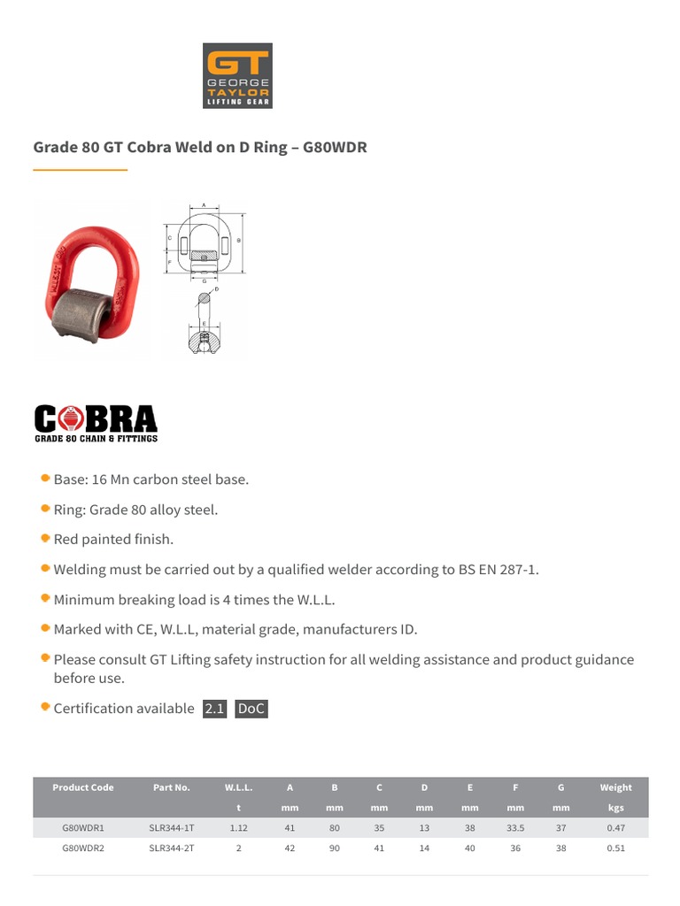 Grade 80 GT Cobra Weld On D Ring - G80WDR | PDF