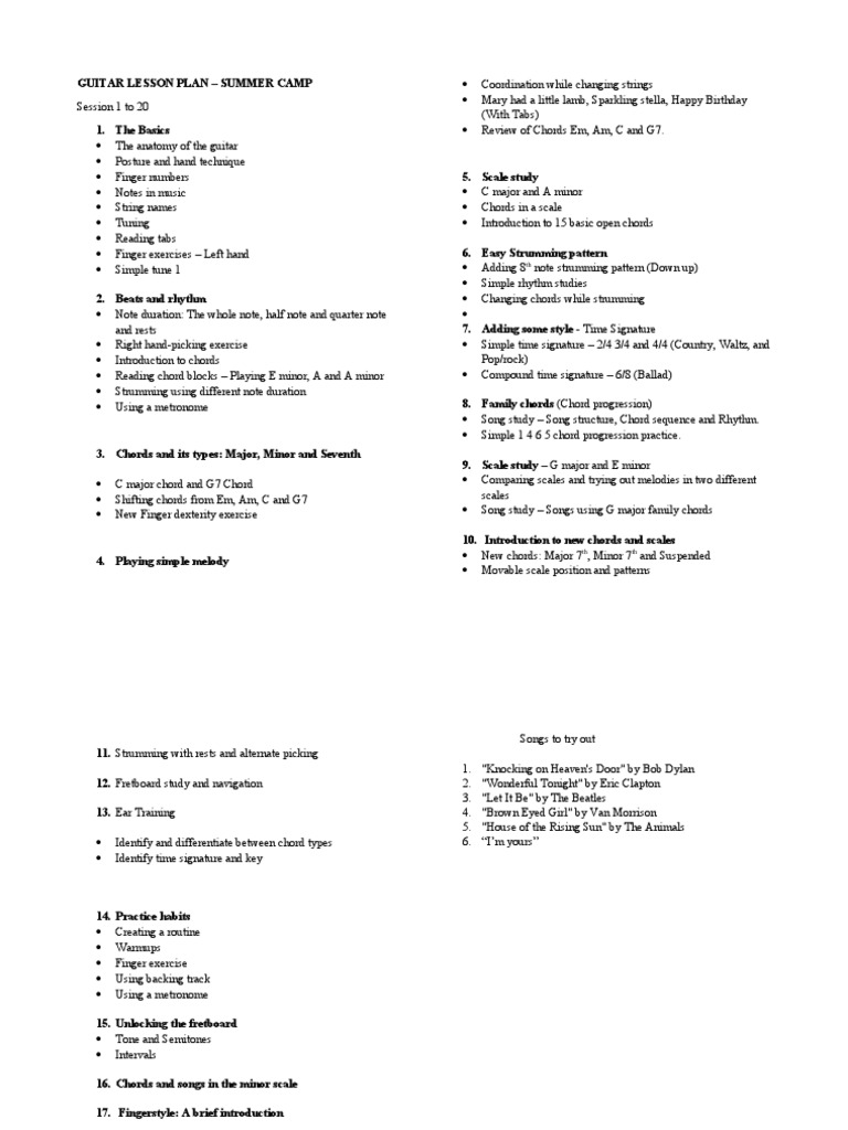 Summer Guitar Camp Lesson Plan | PDF | Chord (Music) | Scale (Music)